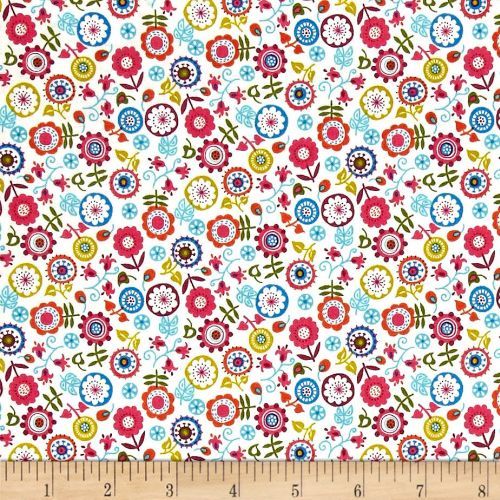 Papillion fabric by Andover features pink, blue and green flowers on white