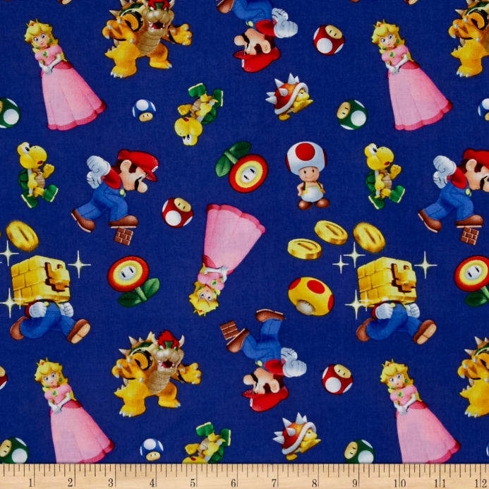 Licensed Nintendo quilt fabric features Super Mario Characters on blue